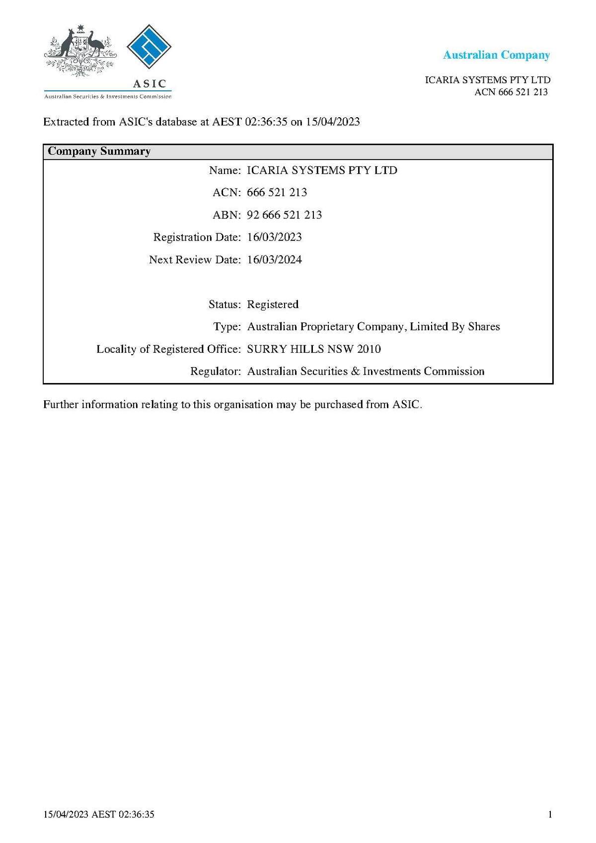 File:Icaria Systems Pty Ltd - Company Summary - ASIC.pdf - Internet Computer Wiki